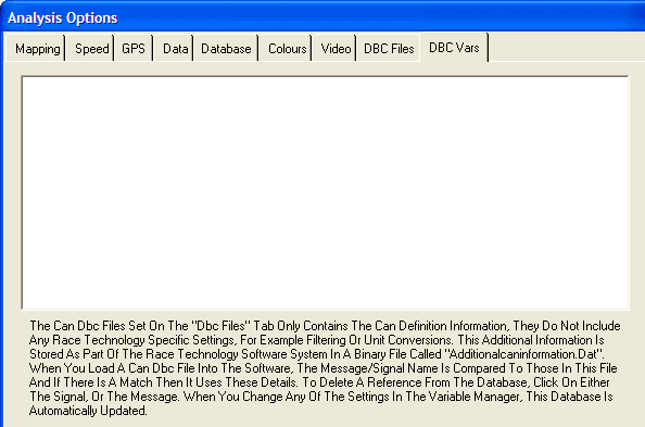 Race Technology Knowledge Base | AnalysisOptions / DBCVars