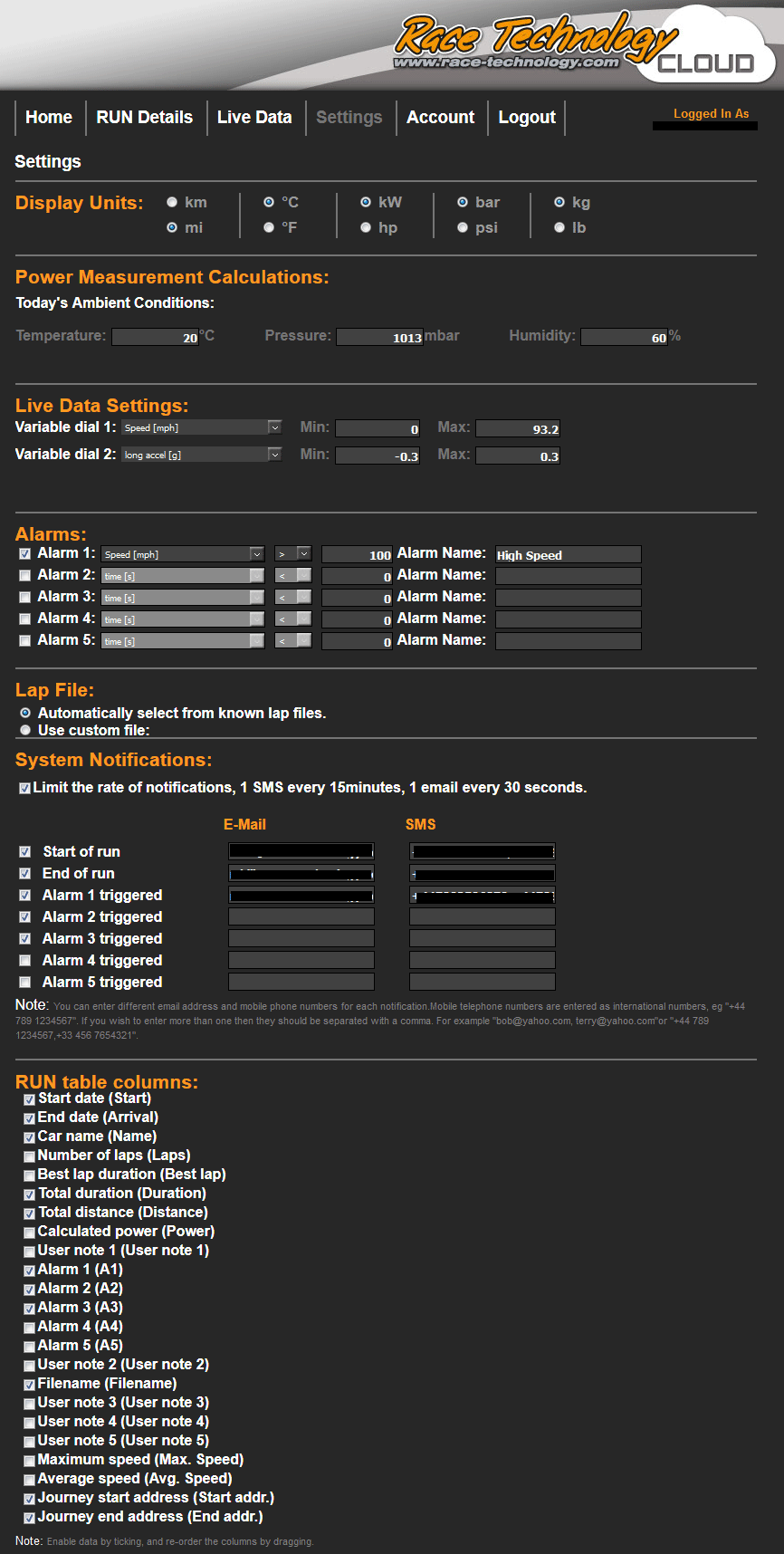 Race Technology Knowledge Base | OperationOfTheRTLiveWebSite / SettingsPage